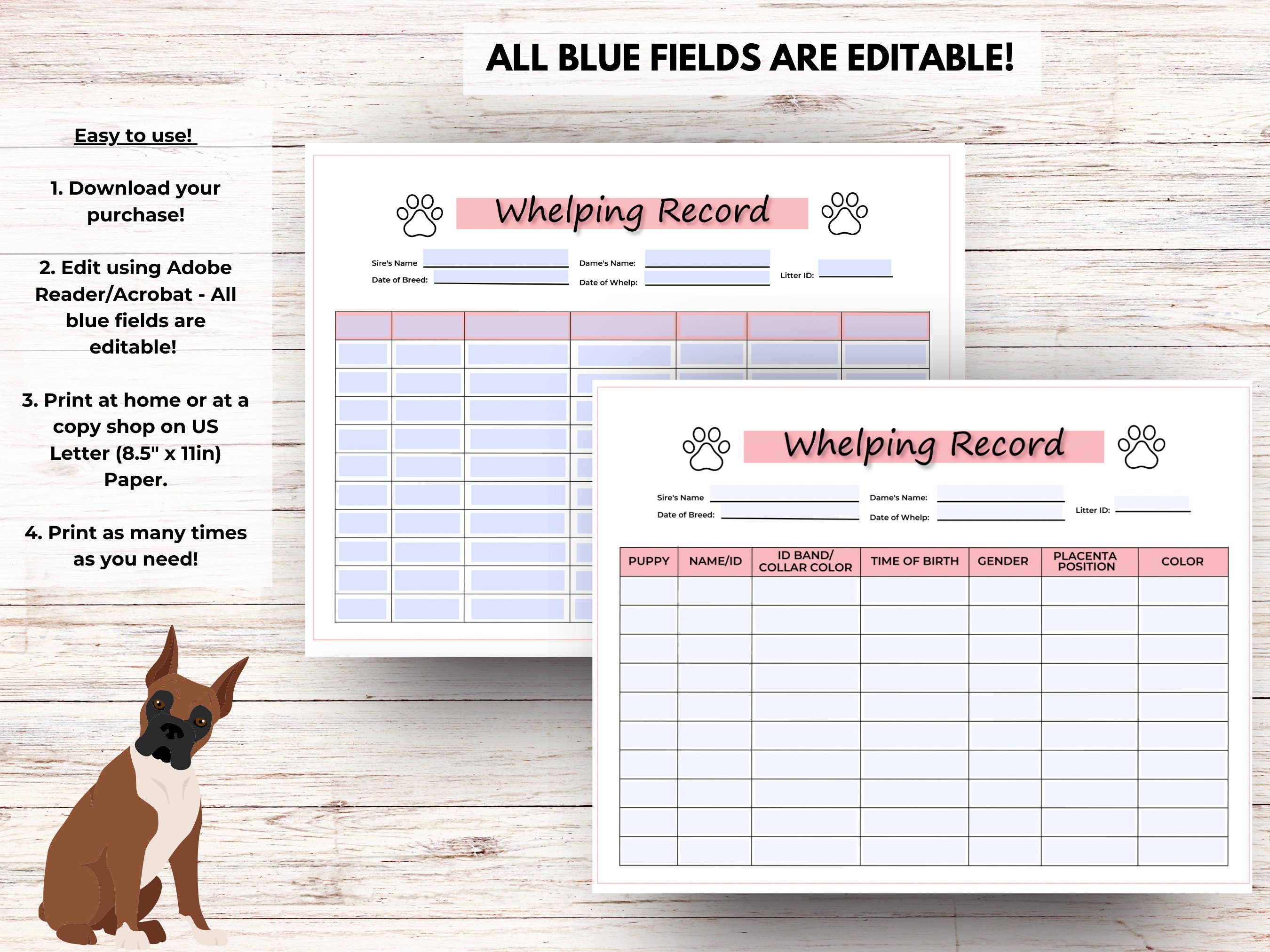 Dog Whelping Record Editable PDF, Breeder Records, Dog Breeder Forms ...