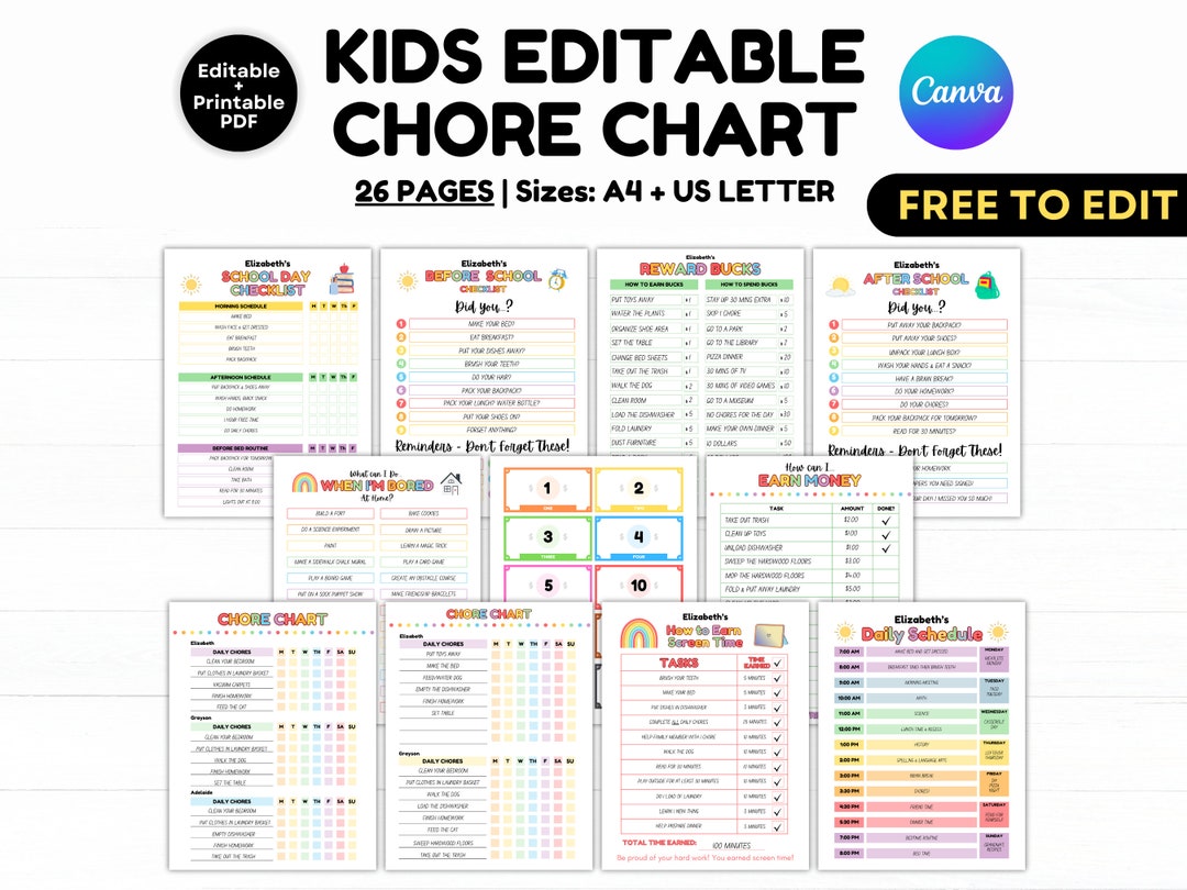 Editable Chore Chart for Multiple Kids, Kids Daily Routine ...