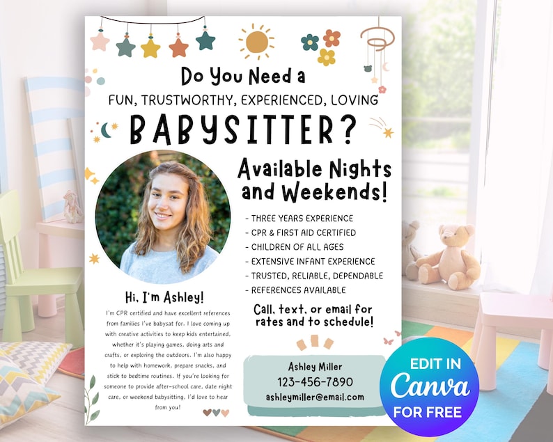 Editable Babysitting Flyer Template, Minimalist About Me Printable ...