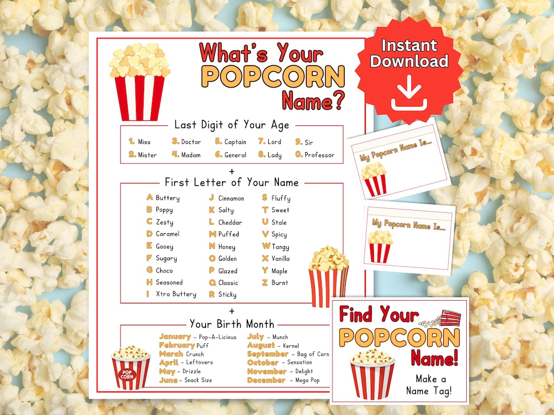 What's Your Popcorn Name Game, Popcorn Name Generator Party Game, Movie ...