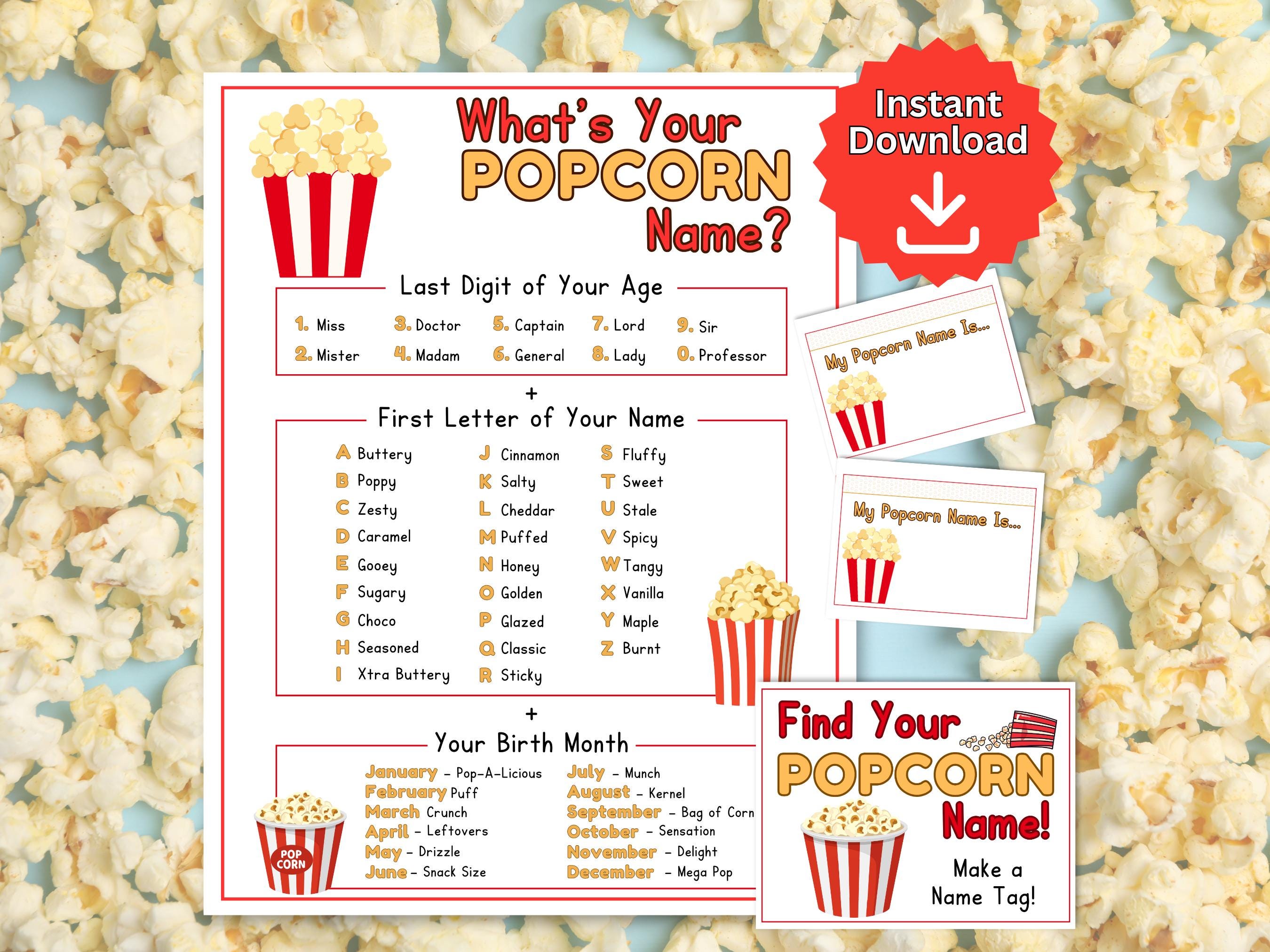 What's Your Popcorn Name Game, Popcorn Name Generator Party Game, Movie ...