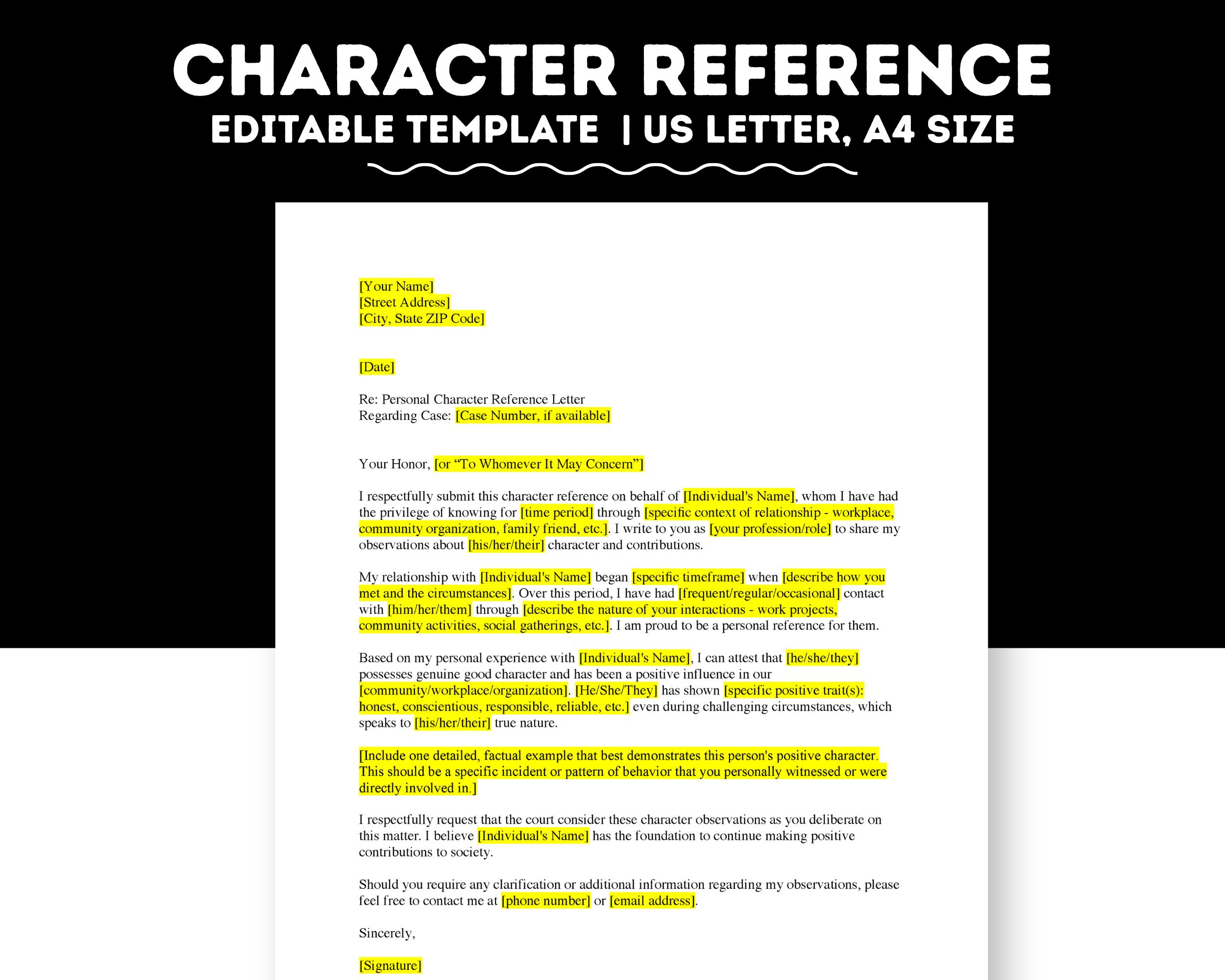 Character Reference Letter Template, Editable Court Letter, Personal ...