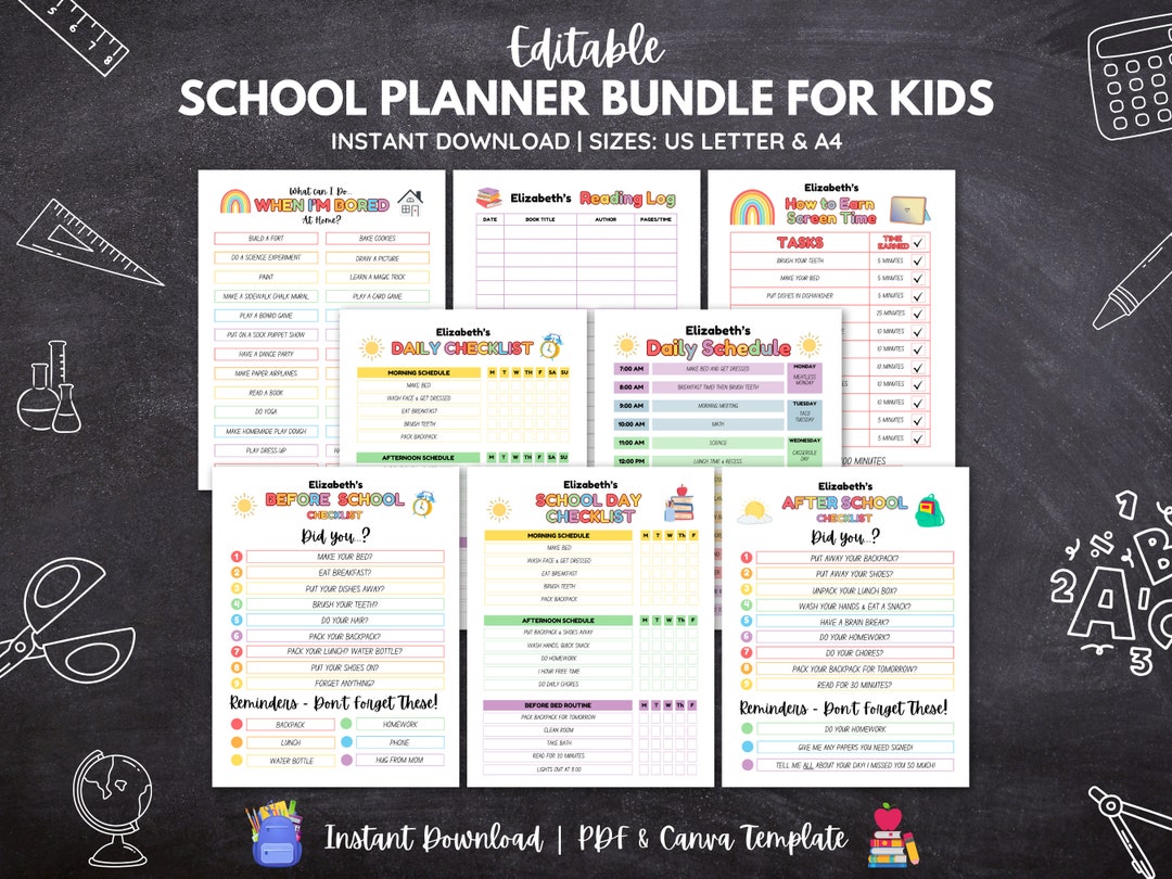 Editable School Planner Kids Printable, Back to School Bundle ...
