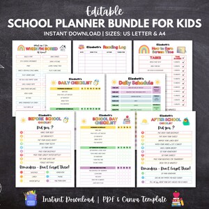 Editable School Planner Kids Printable, Back to School Bundle ...