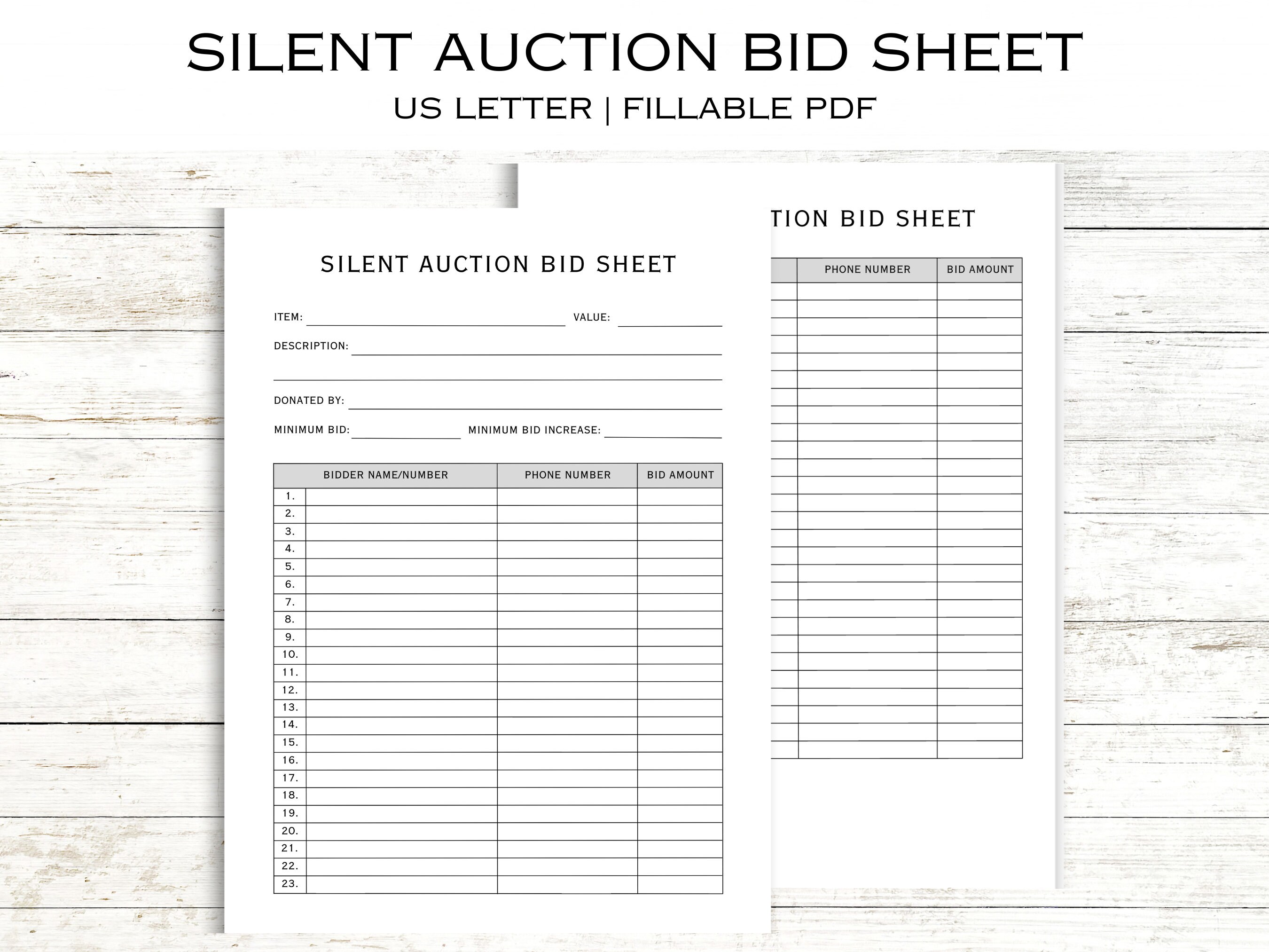 Printable Silent Auction Editable Template, Fundraiser Bid Sheet ...