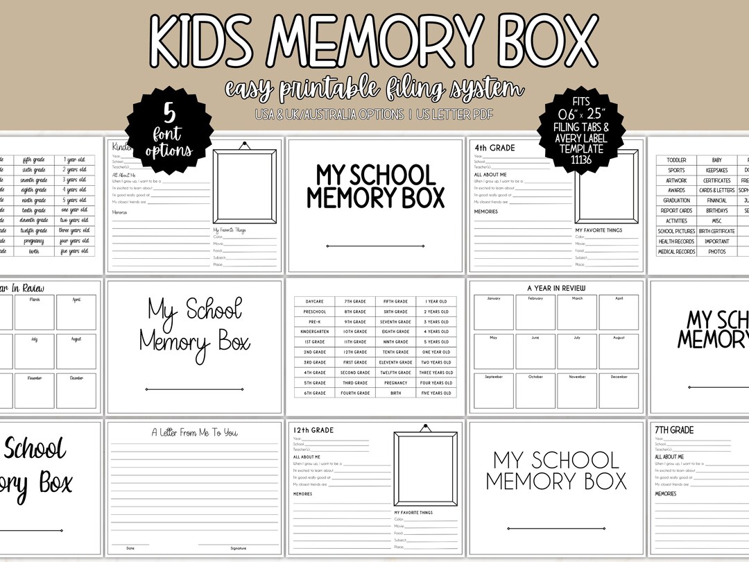 Printable Memory Box Filing System, Kids Questionnaire Milestone Tote ...