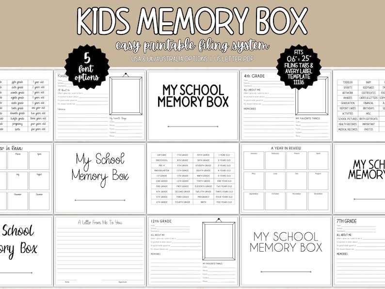 Printable Memory Box Filing System, Kids Questionnaire Milestone Tote ...