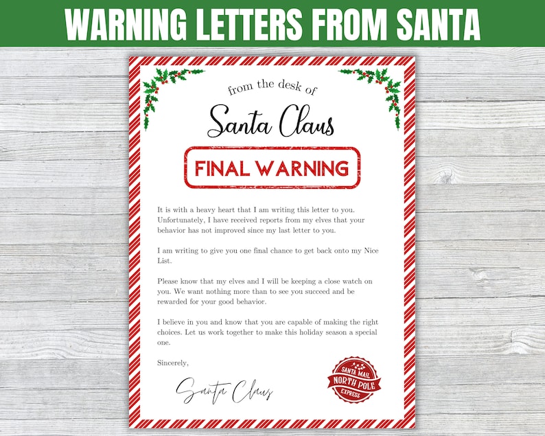Santa Warning Letter, Final Warning Letter, Set of Santa Letters ...