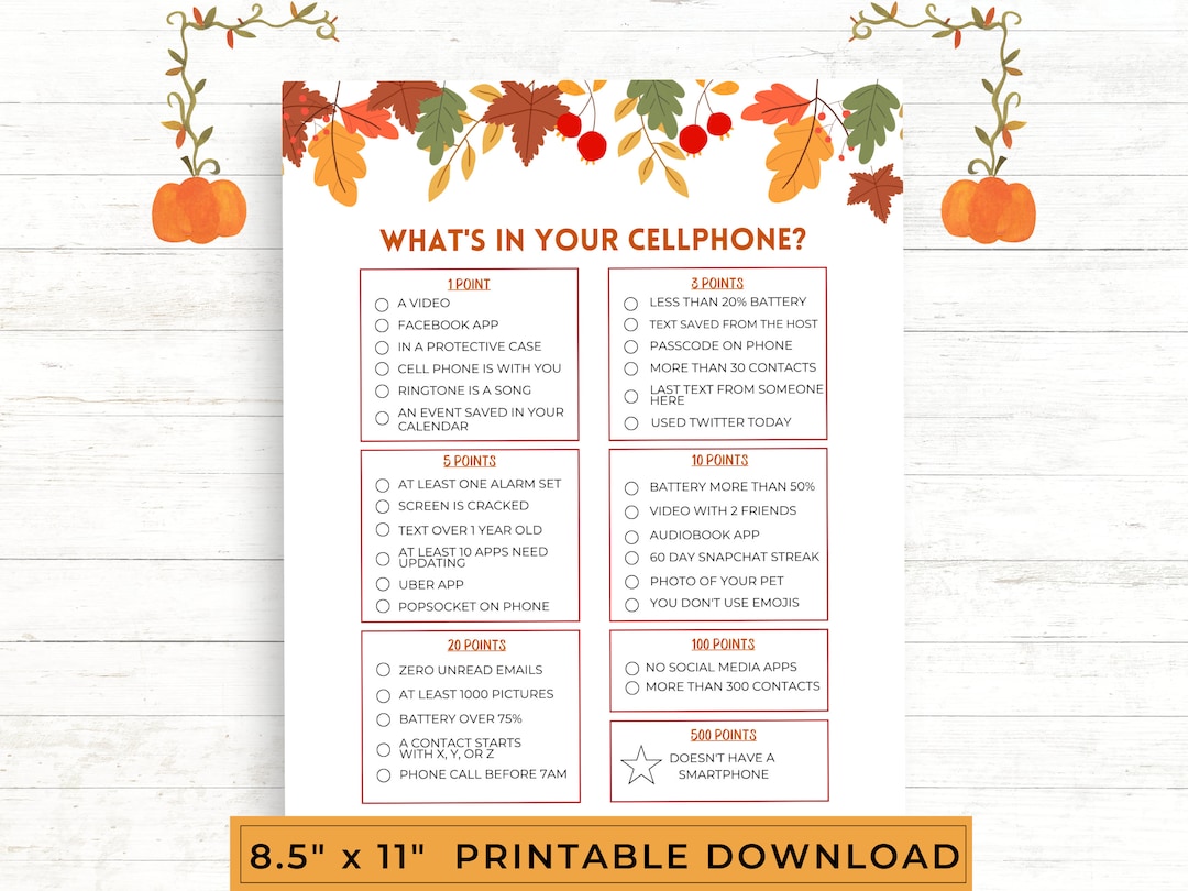 What's in Your Phone, Thanksgiving Dinner Games, Thanksgiving Printable ...