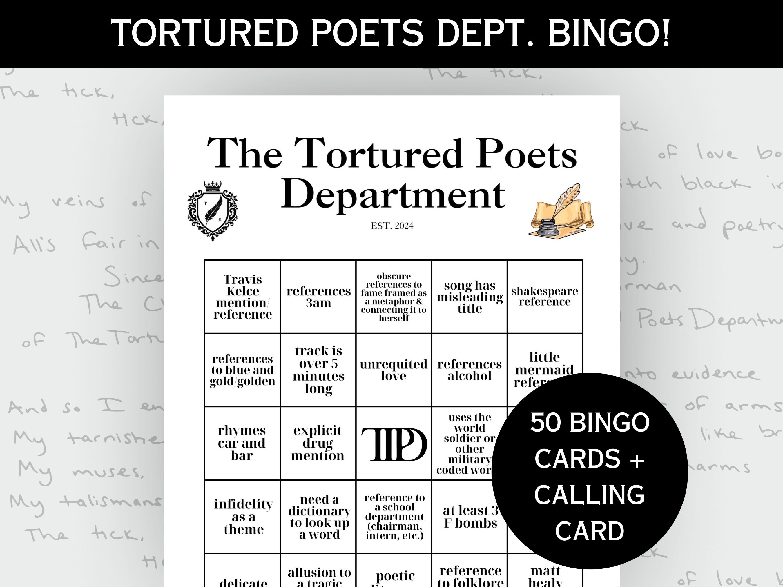 TTPD BINGO Swiftie Party Game, T Swift Party Decor, Tortured Poets ...