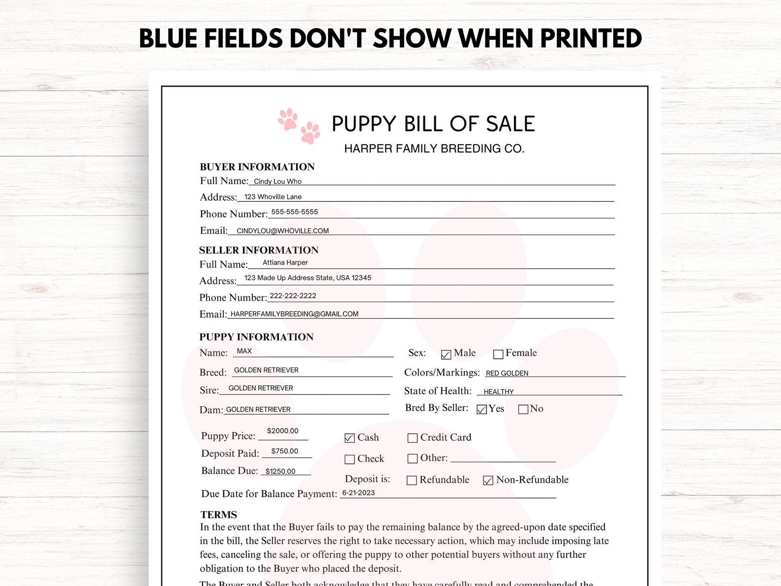 Puppy Bill of Sale Form, Puppy Deposit Receipt, Puppy Contract, Dog ...