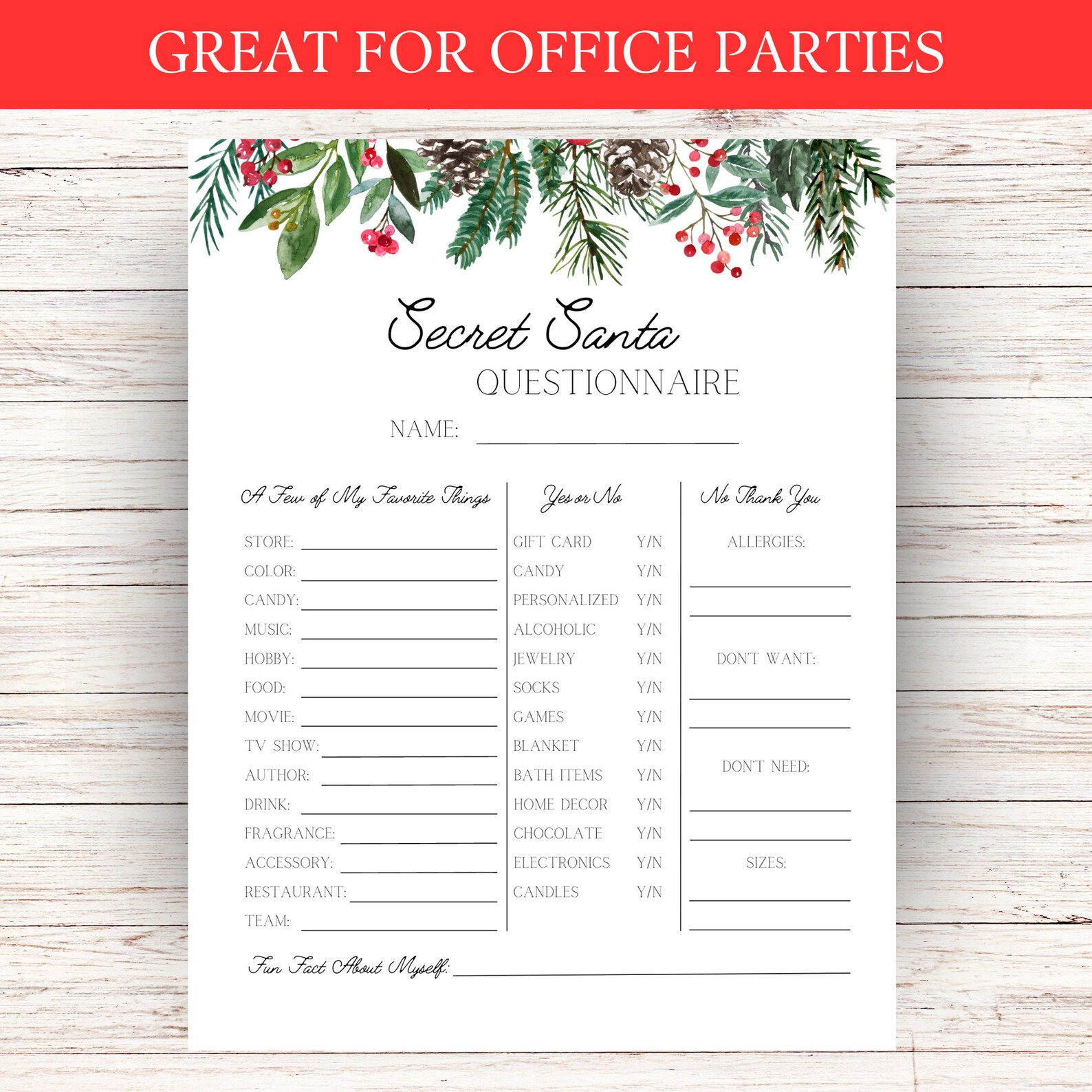 Secret Santa Questionnaire Printable Christmas Wish List Secret Santa ...