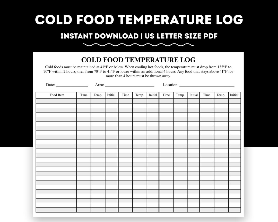 Printable Cold Food Temperature Log, Cold Food Log, Cold Food Temp ...
