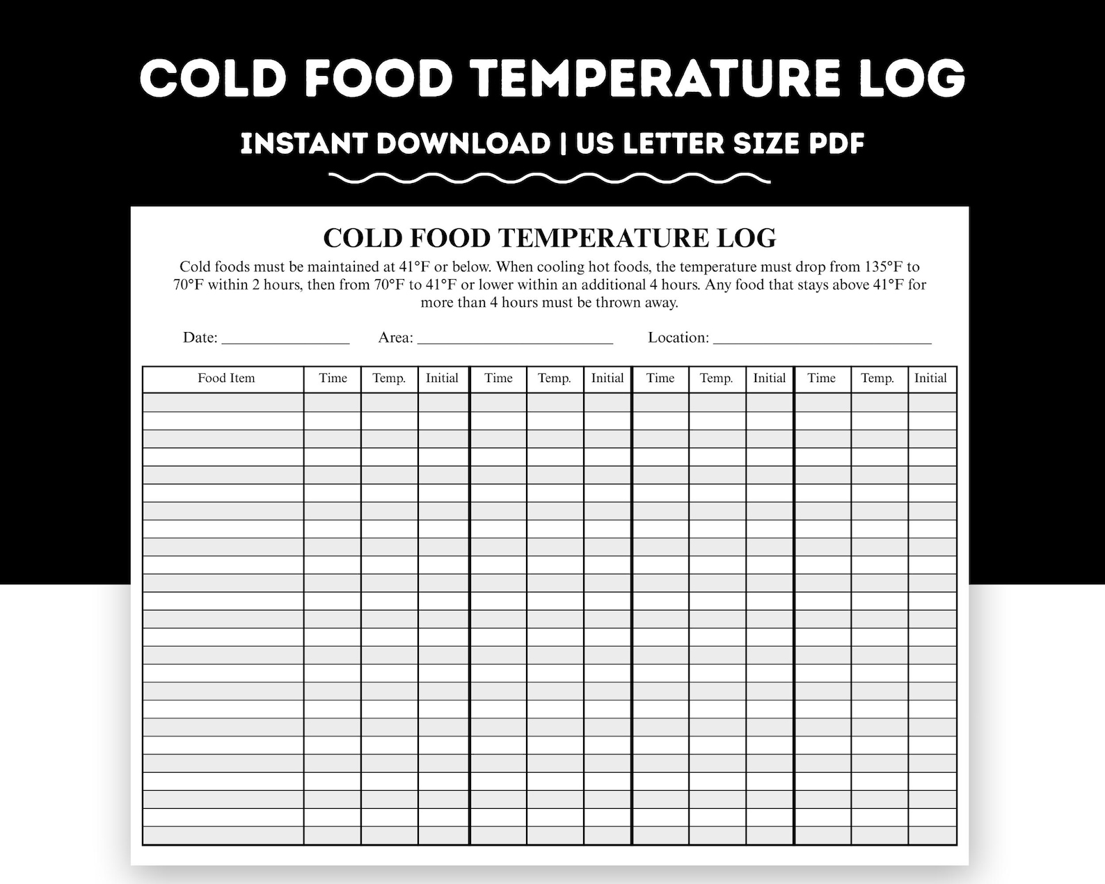 Printable Cold Food Temperature Log, Cold Food Log, Cold Food Temp ...
