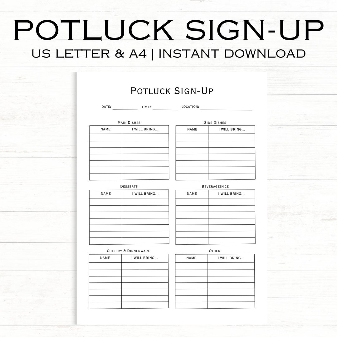 Potluck Sign up Sheet Printable, Office Potluck Party, Sign up for ...
