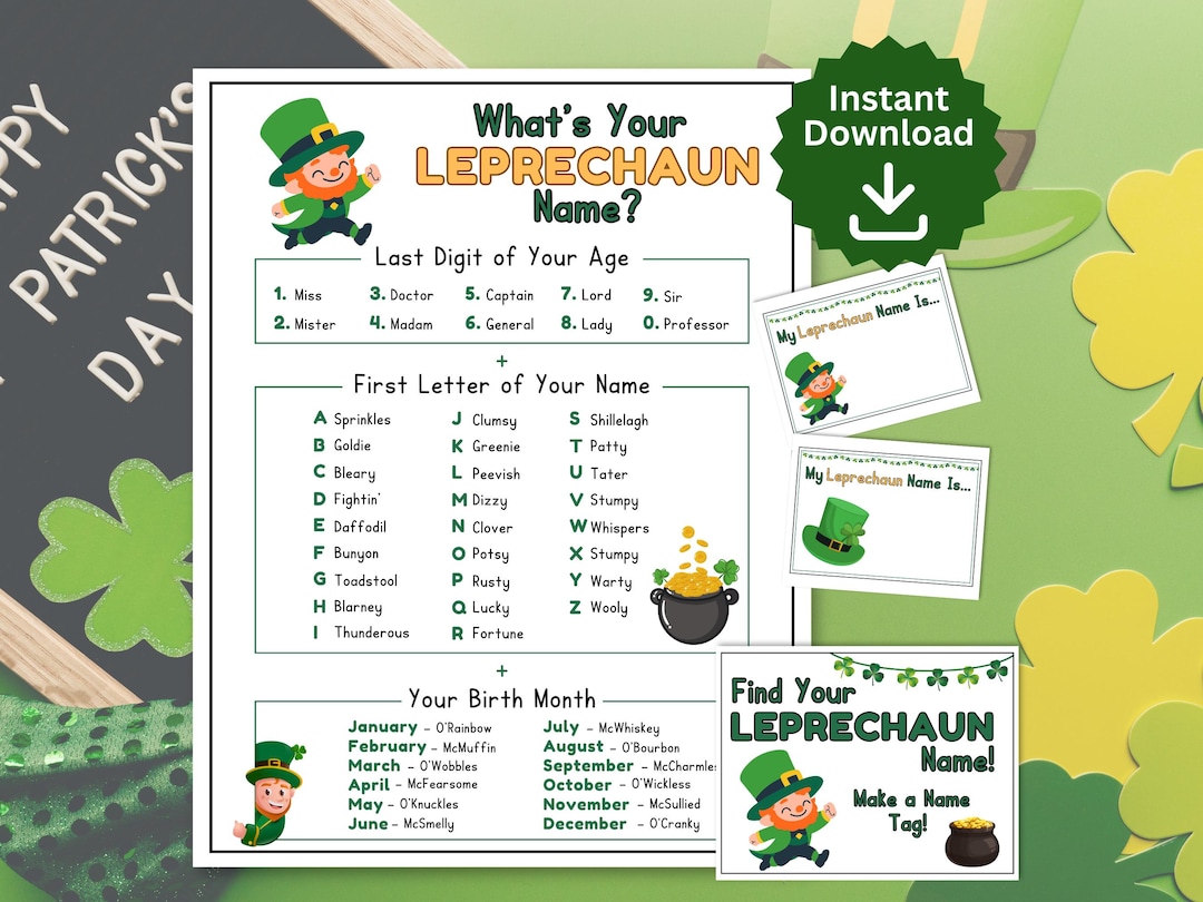 Whats Your Leprechaun Name Game, St. Patricks Party Game, Leprechaun ...