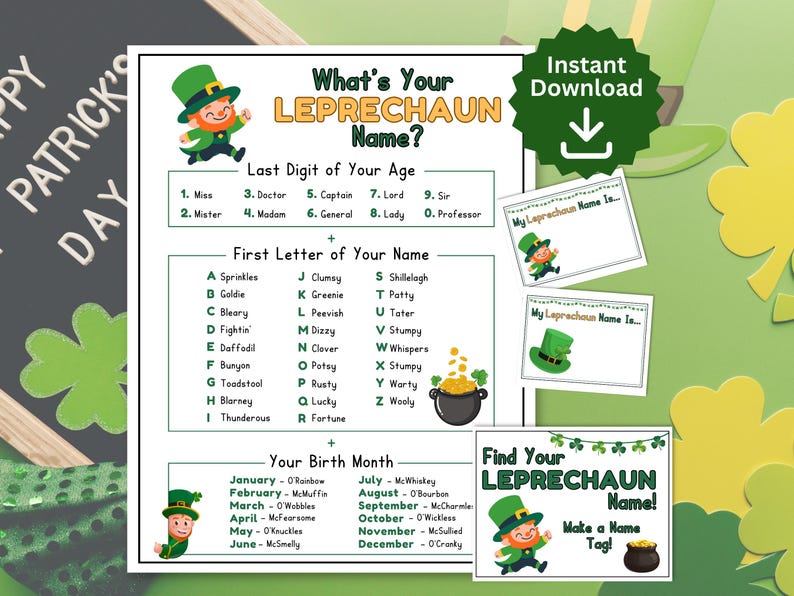 Whats Your Leprechaun Name Game, St. Patricks Party Game, Leprechaun ...