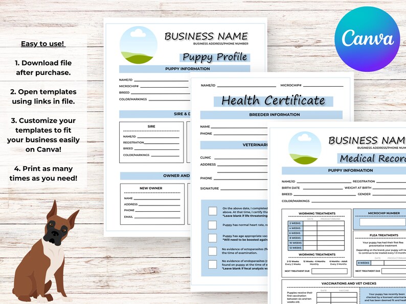 Breeder Puppy Pack EDITABLE IN CANVA Dog Vaccination Form Dog Breeder ...