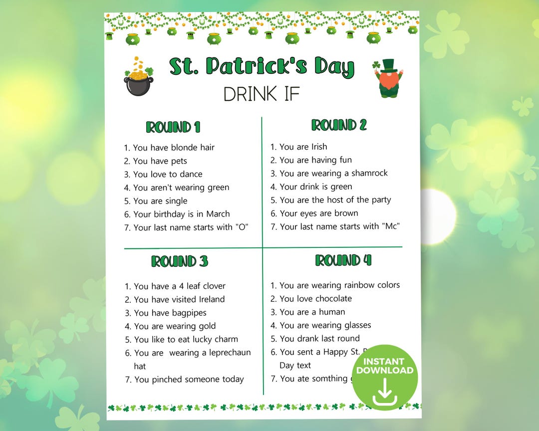 Printable St Patrick's Day Drinking Game for Adults, St. Paddys Day ...