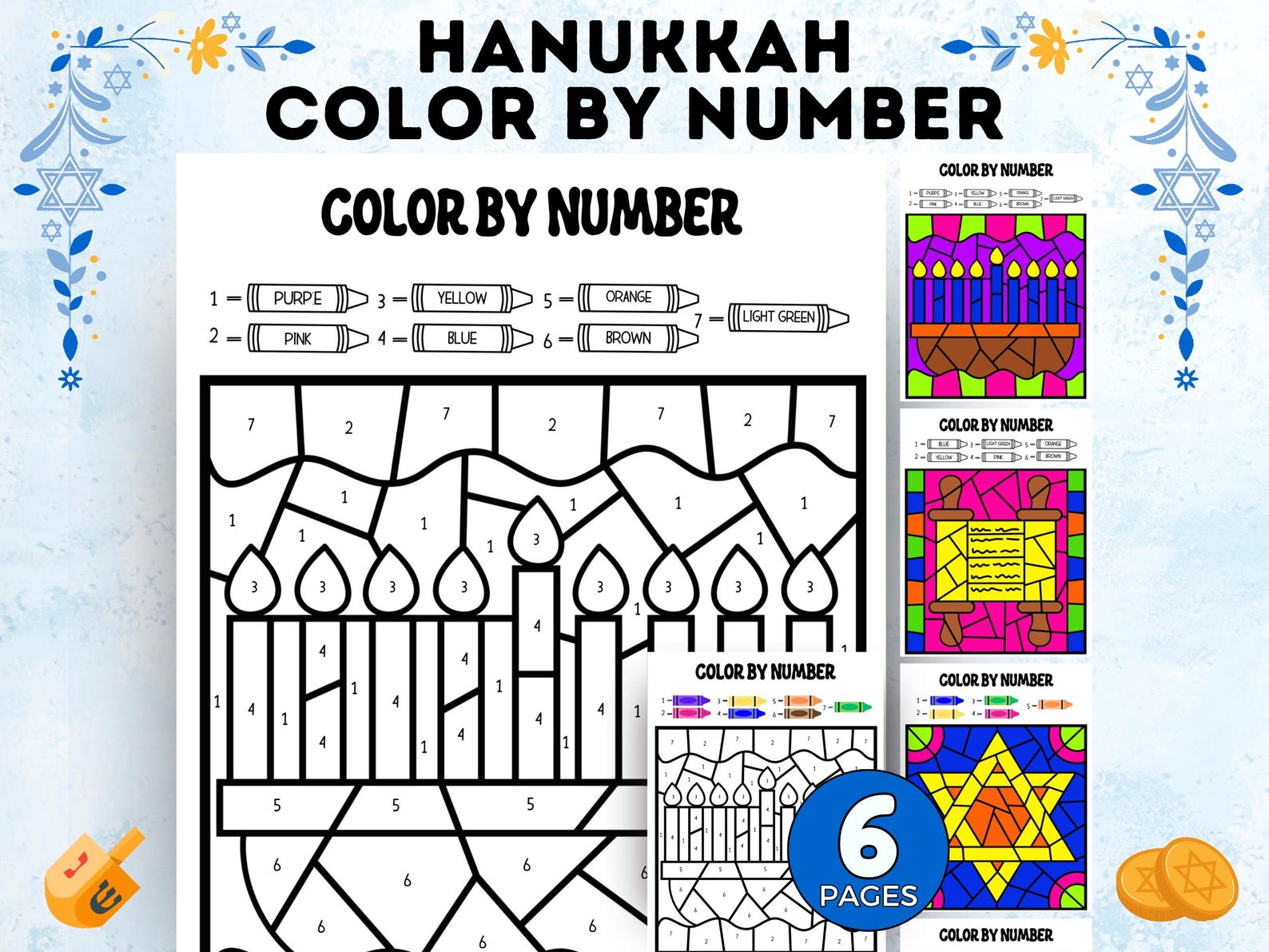 Hanukkah Color by Number, Hanukkah Coloring Pages, Hanukkah Coloring ...