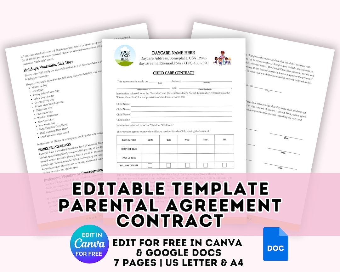 Daycare Parental Agreement, Daycare Contract Form, Home Daycare ...
