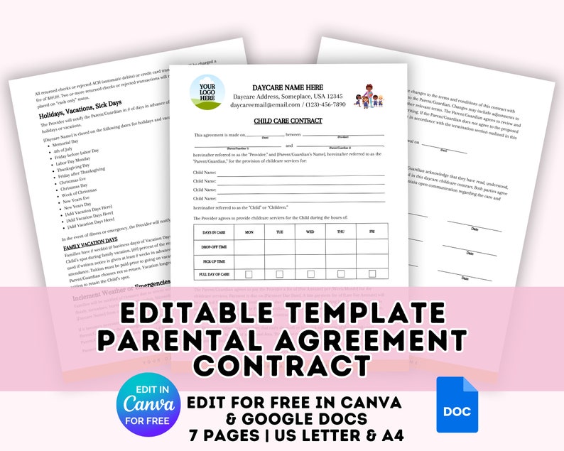 Daycare Parental Agreement, Daycare Contract Form, Home Daycare ...