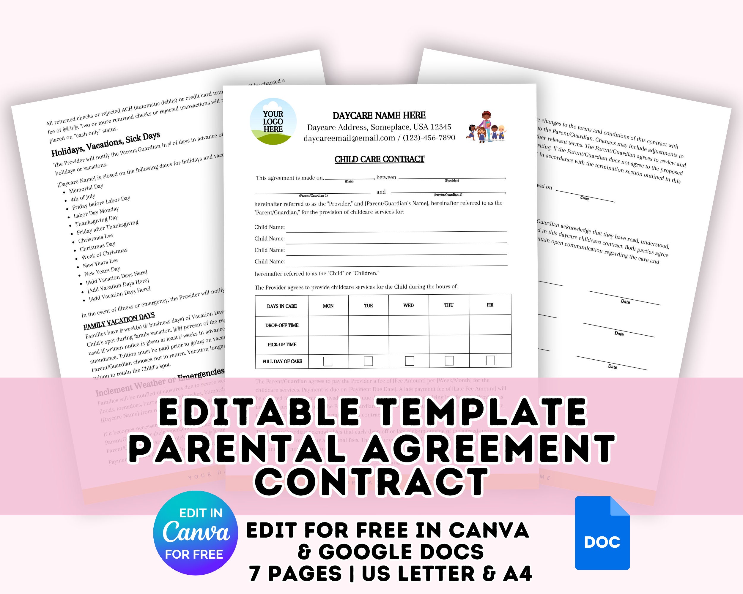 Daycare Parental Agreement, Daycare Contract Form, Home Daycare ...