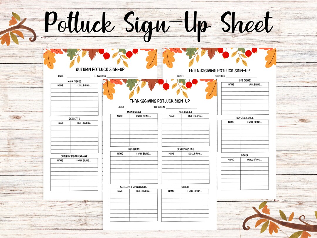 Potluck Sign Up Sheet, Printable for Potluck Party, Sign Up For Potluck ...