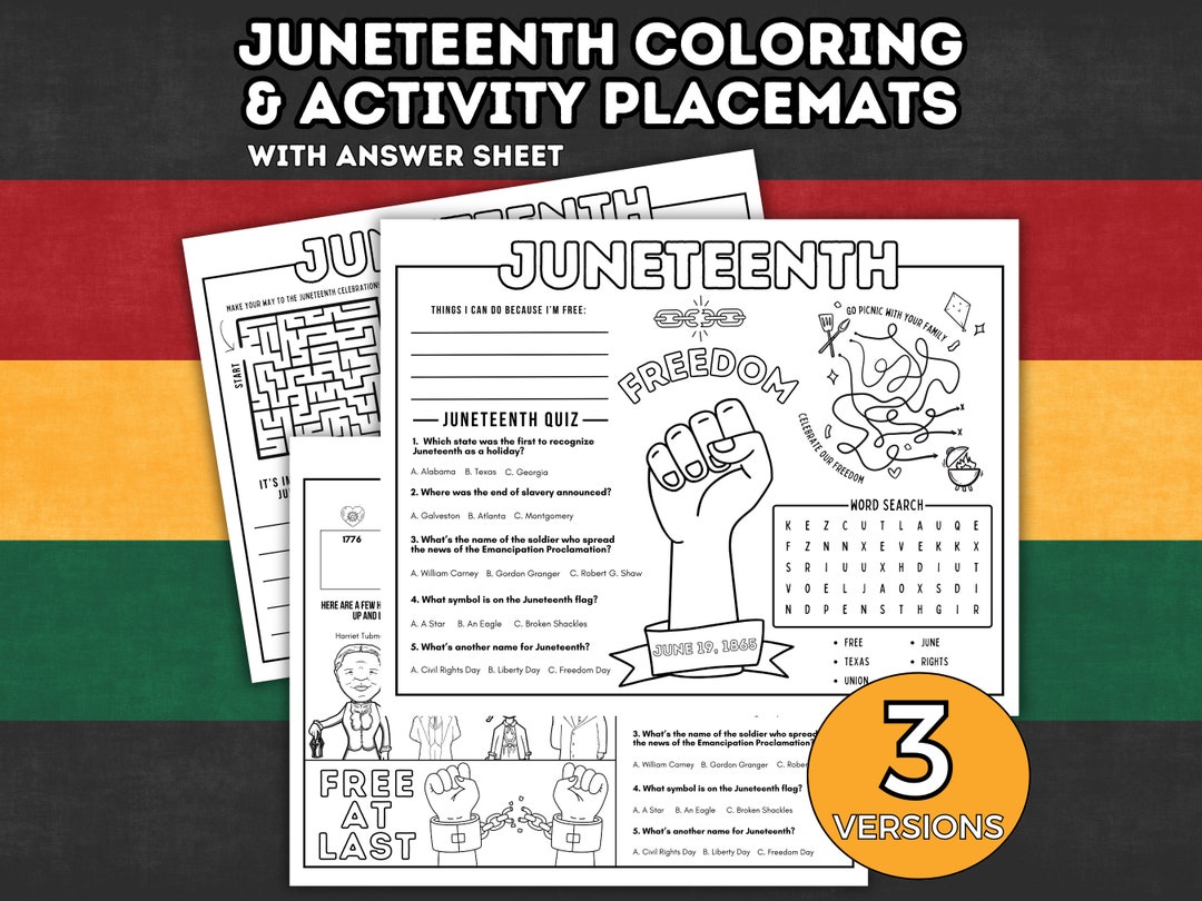 Juneteenth Coloring Page & Activity Placemat Sheet for Kids, Printable ...