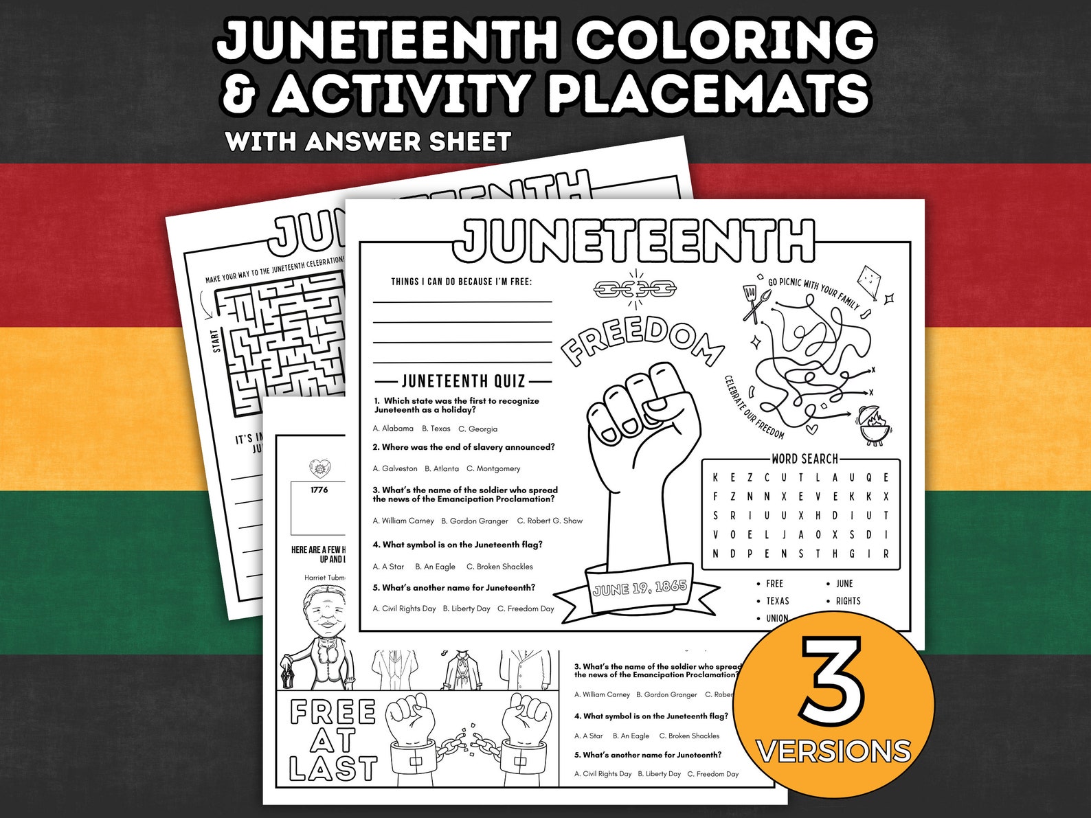 Juneteenth Coloring Page & Activity Placemat Sheet for Kids, Printable ...