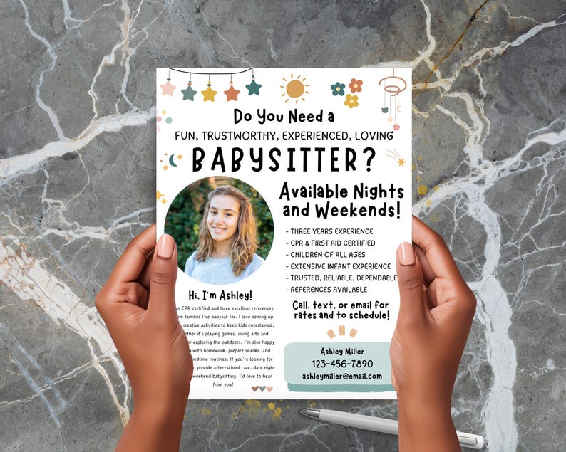 Editable Babysitting Flyer Template, Minimalist About Me Printable ...