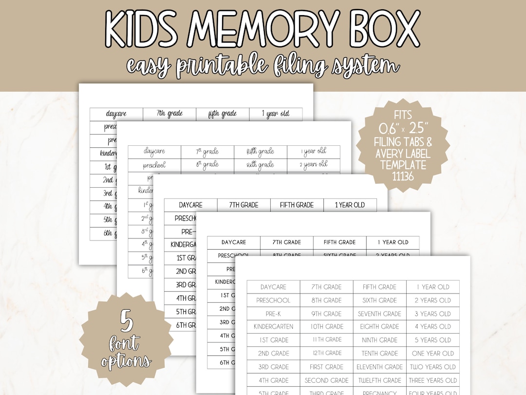Memory Box Filing System Printable, Milestone Tote Labels, File Tabs ...