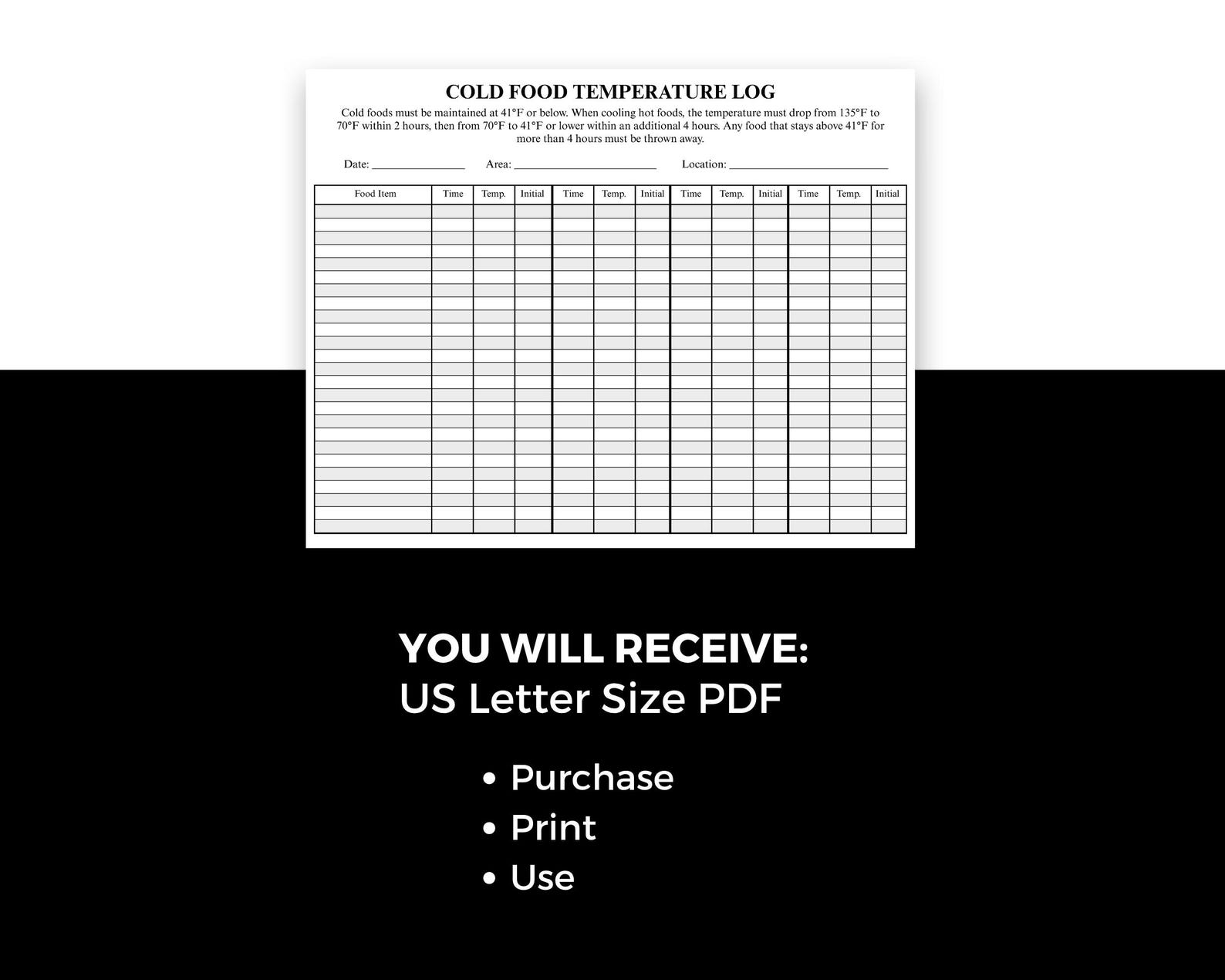 Printable Cold Food Temperature Log, Cold Food Log, Cold Food Temp ...