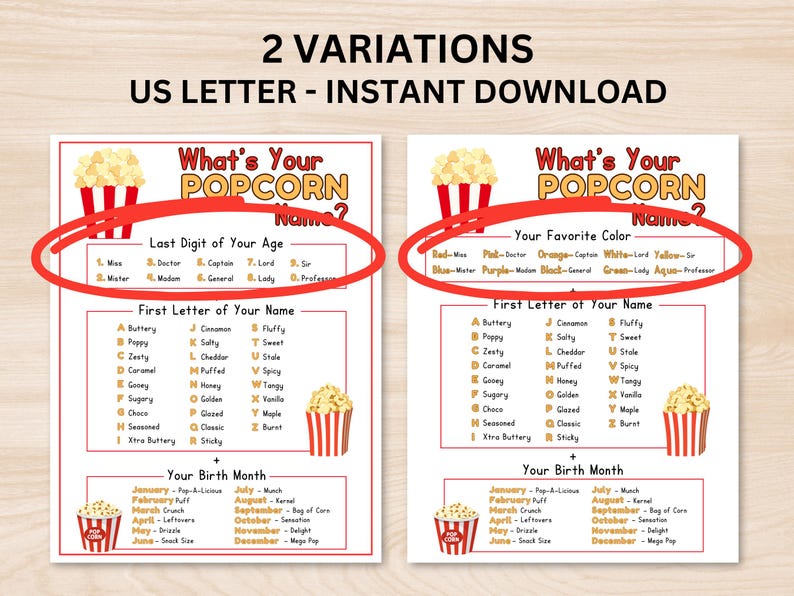 What's Your Popcorn Name Game, Popcorn Name Generator Party Game, Movie ...