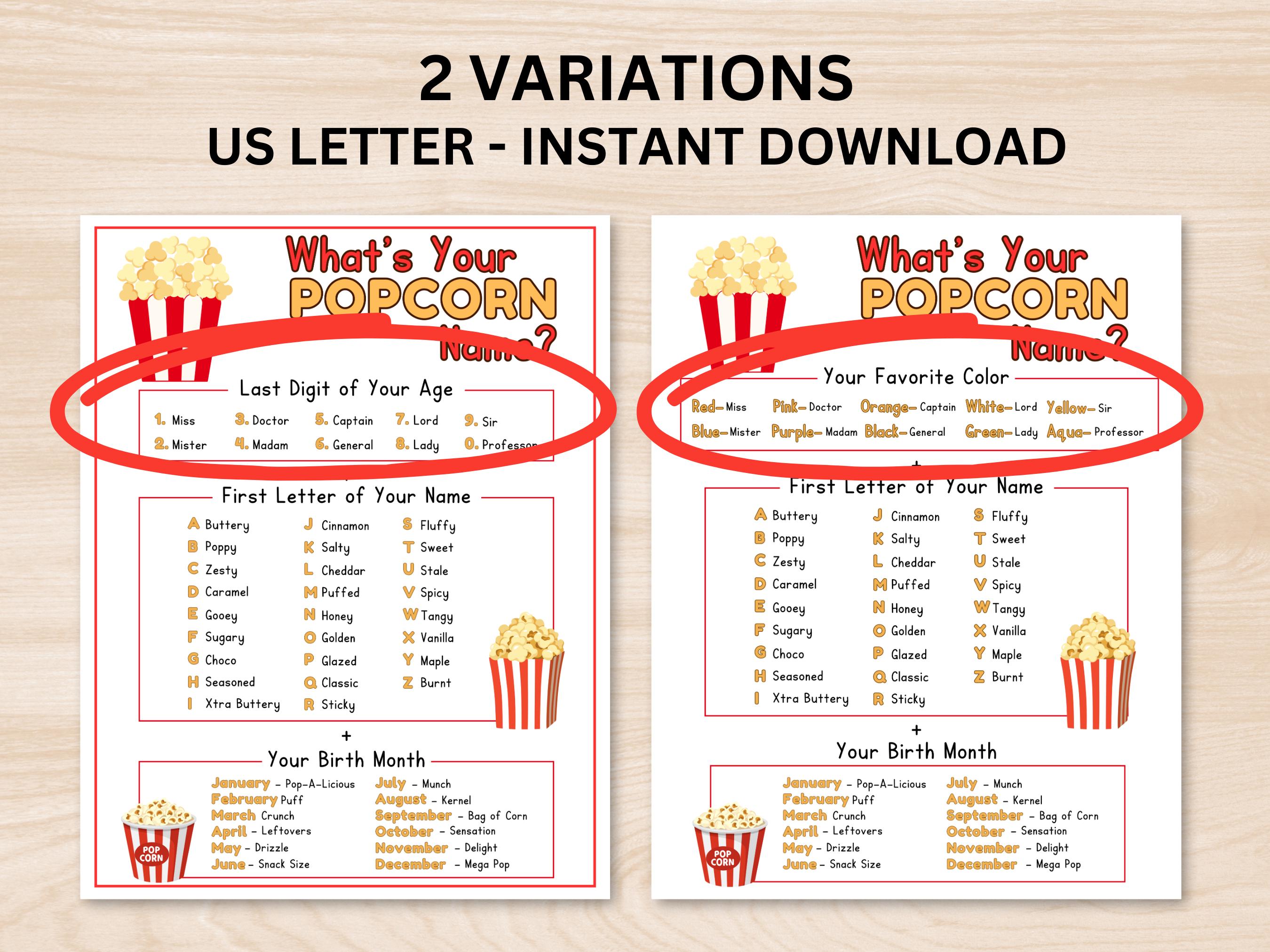 What's Your Popcorn Name Game, Popcorn Name Generator Party Game, Movie ...
