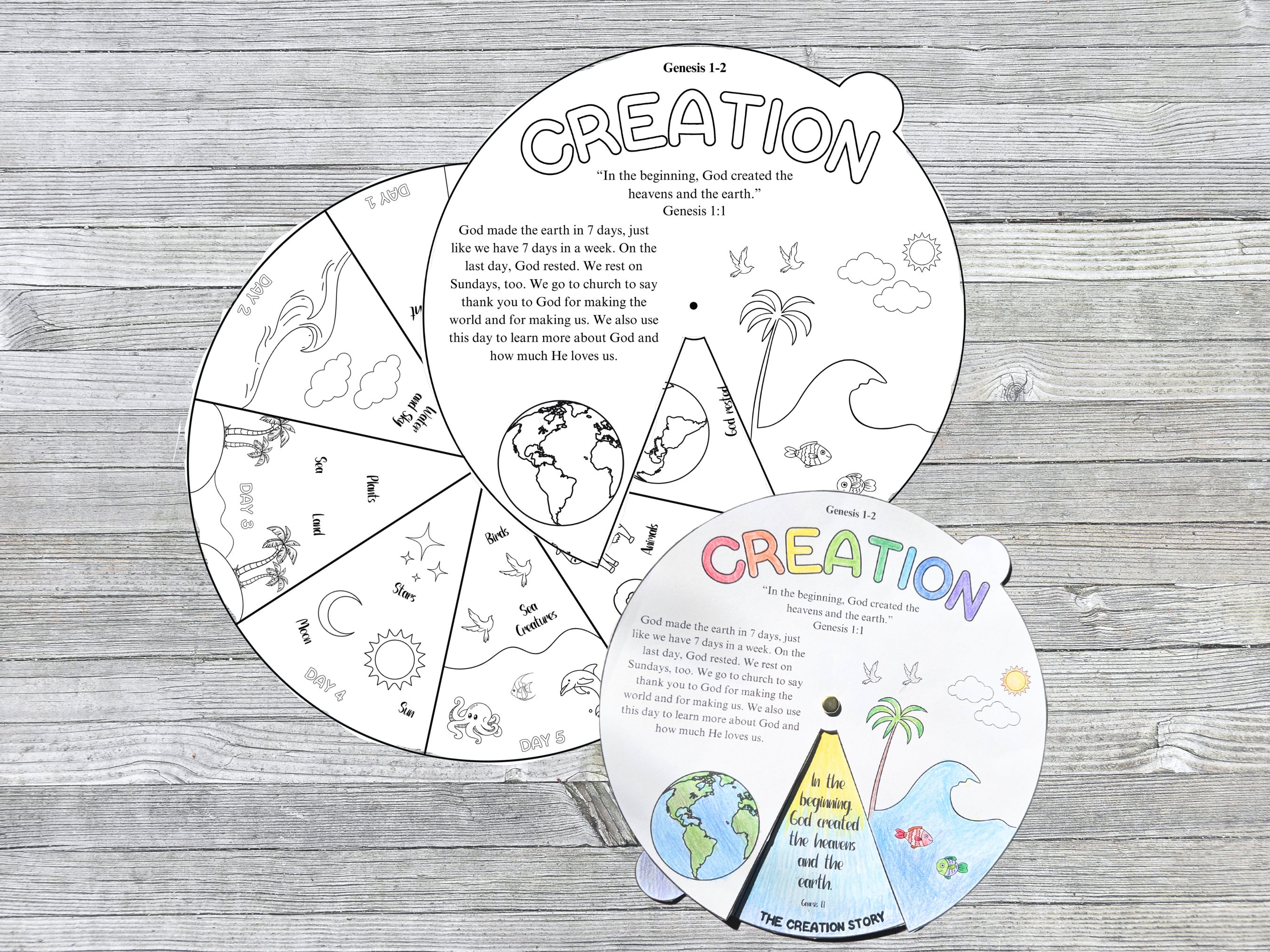 Creation Story Coloring Wheel Printable Bible Lesson Kids Crafts Bible ...