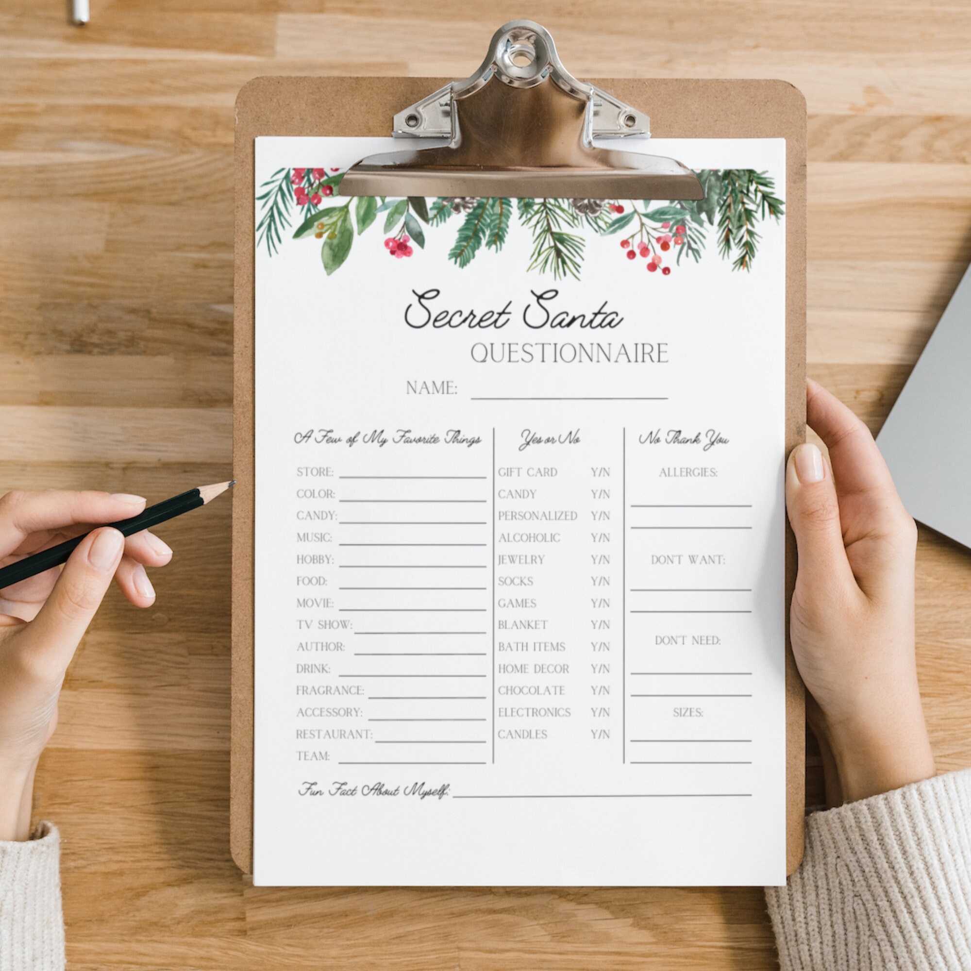 Secret Santa Questionnaire Printable Christmas Wish List Secret Santa ...