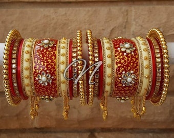 Hand Painted Kundan Work Indian Bridal Bangles Chura Set - Etsy