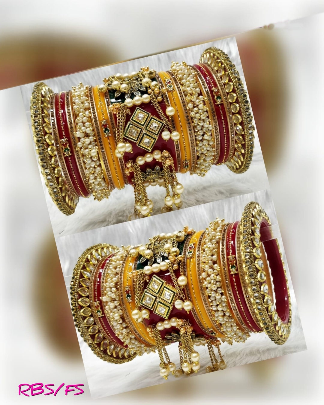 Red & Yellow Hanging Pearls Chura Set, Rajwadi Style Kundan Beaded ...