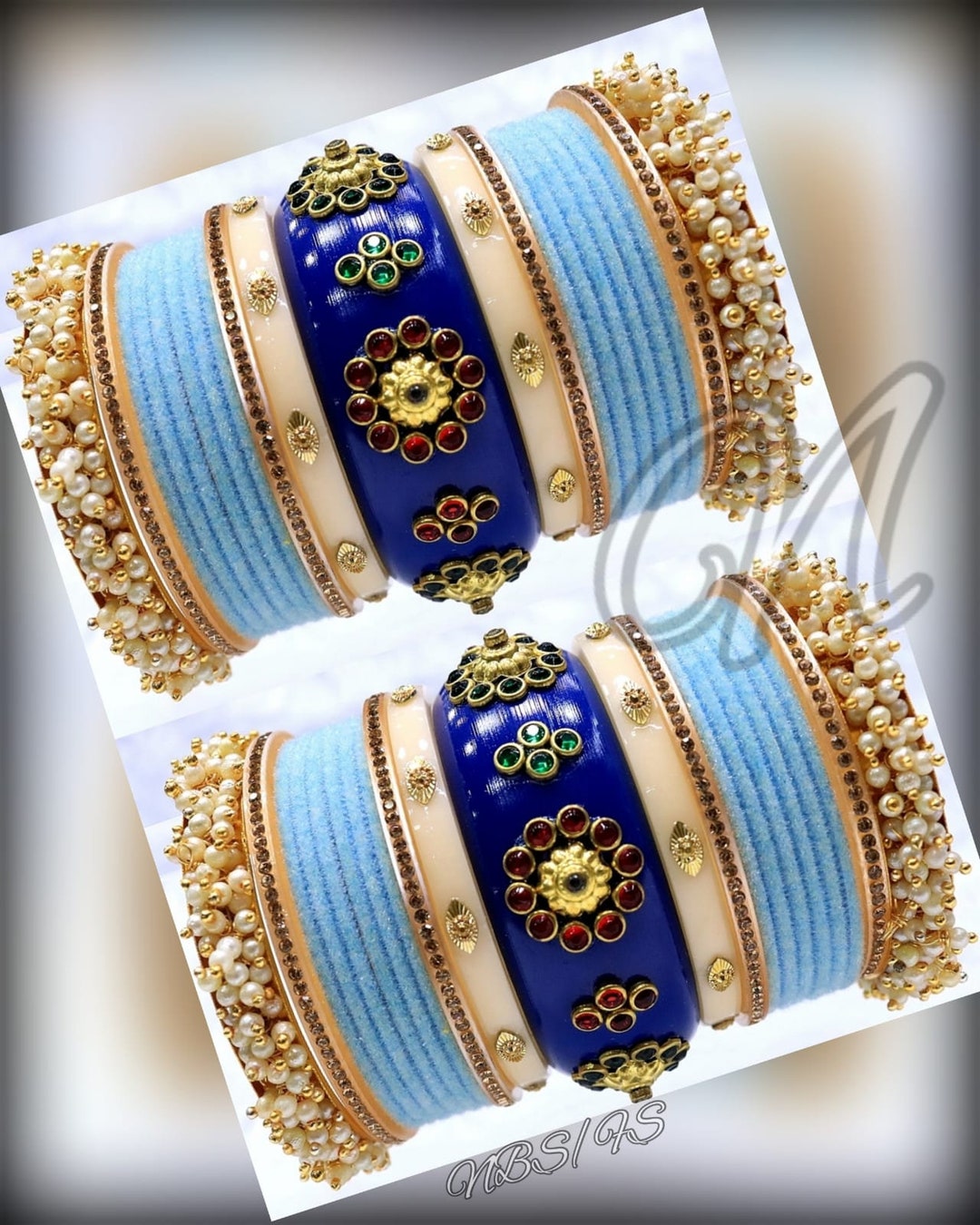 Rajwadi Blue & Sky Kundan Beaded Chura Set, Punjabi Style Pearls ...