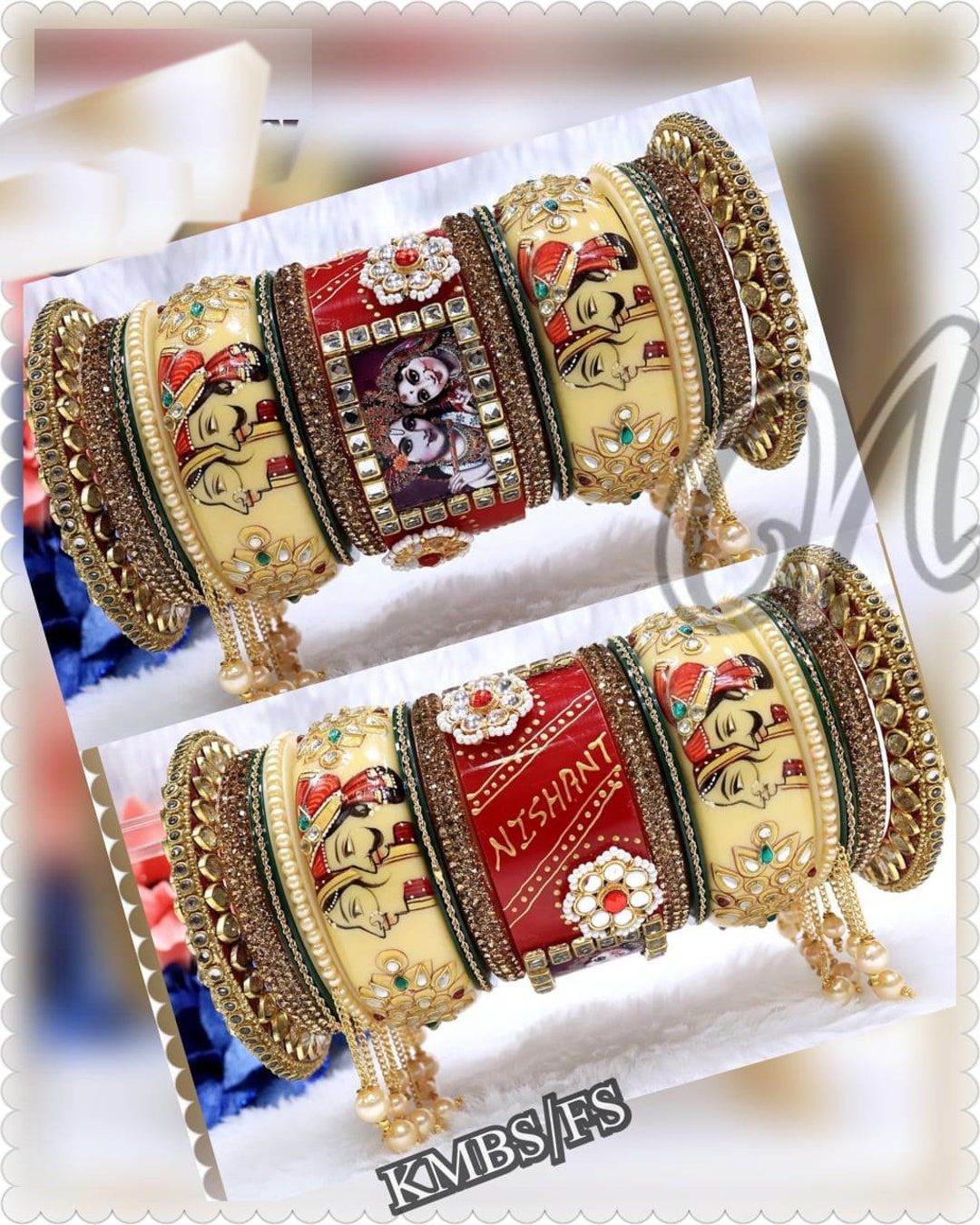 Rajwadi Bridal Raja Rani Hand Painted Chura Set, Indian Hanging Pearls ...