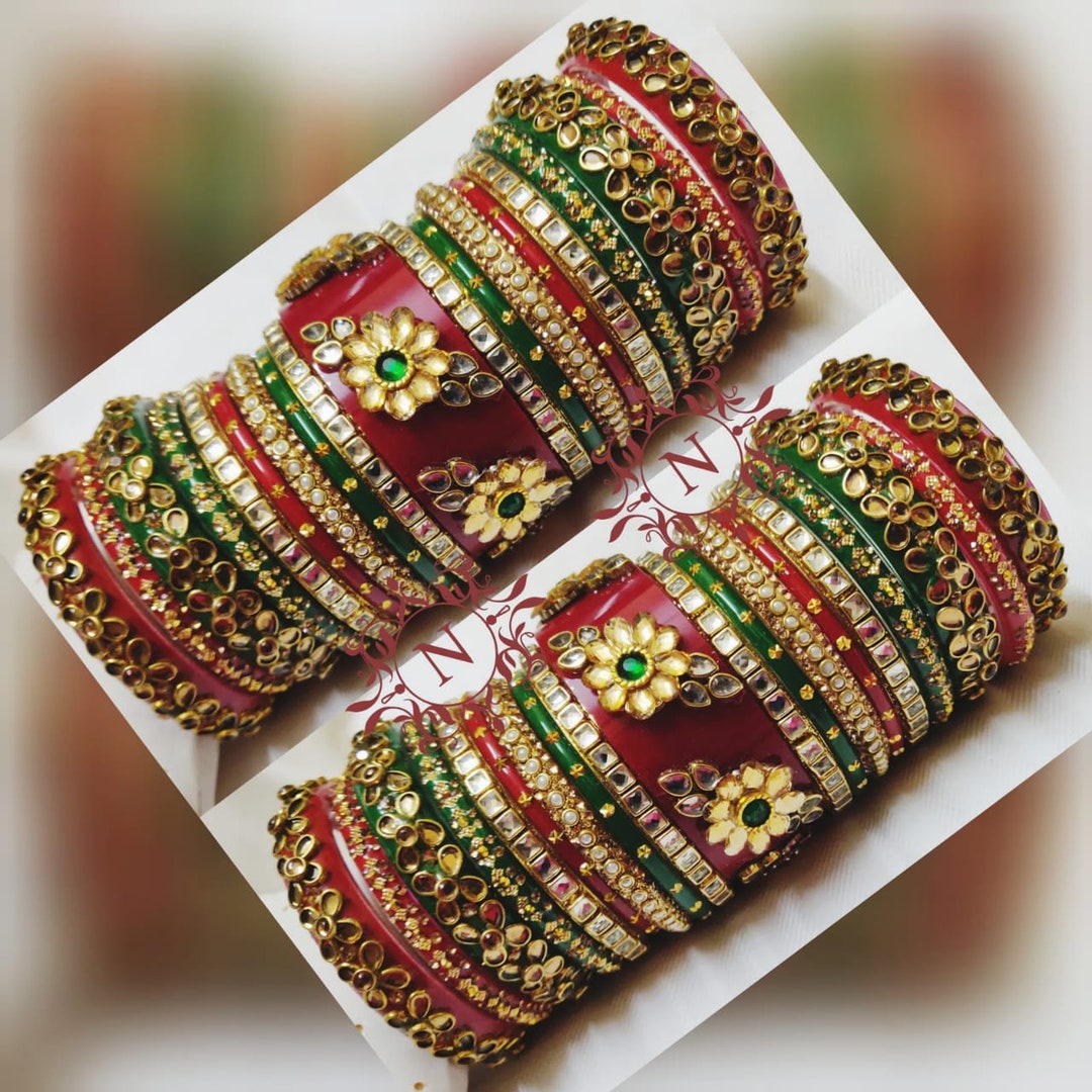 Red & Green Indian Wedding Heavy Work Chura Set, Punjabi Glass Kundan ...