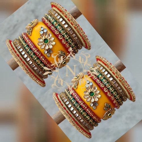 Ethnic Indian Bridal Red and Green Color Chura Set Heavy Glass - Etsy