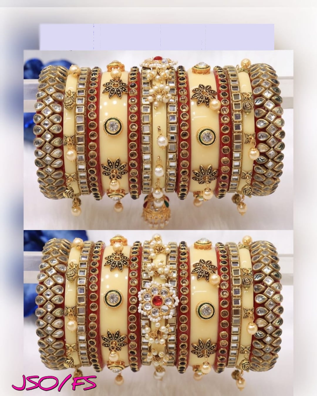 Designer Indian Cream Color Hanging Pearls Bangles Set, Rajwadi Kundan ...