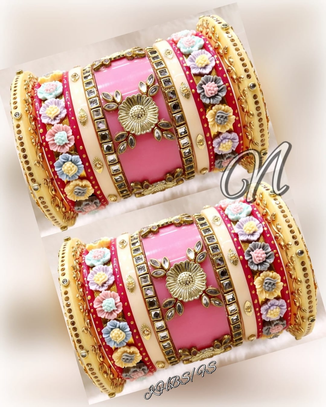 Indian Pink & off White 3D Floral Work Bridal Chuda Set, Pakistani ...