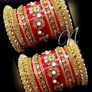 Rajwadi Red & Golden Party Wear Chura Set, Indian Wedding Glass Kundan ...