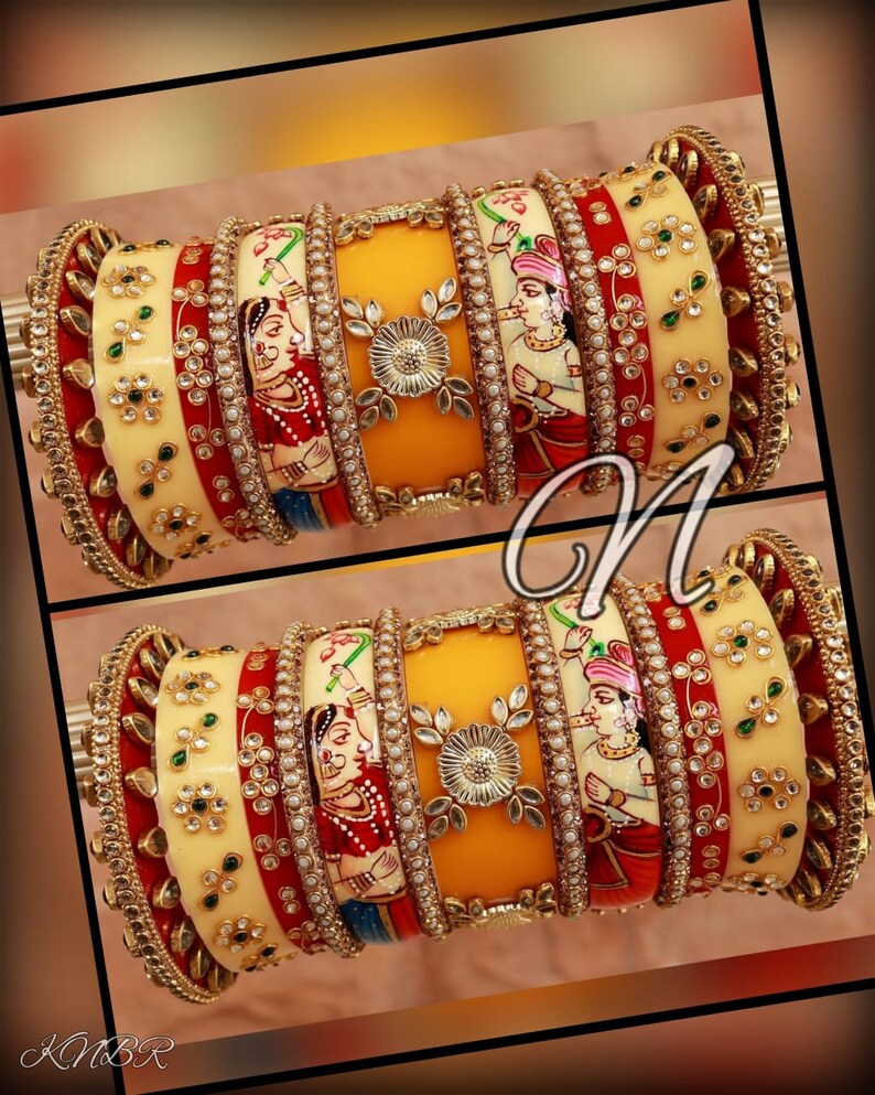 Indian Raja Rani Wedding Pink & Yellow Chura Set, Rajwadi Style Hand ...