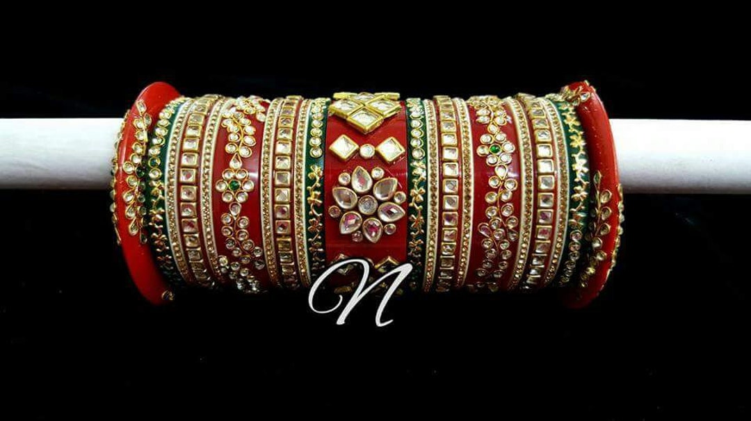 Red & Green Rajwadi Bridal Chura, Indian Wedding Kadi Kundan Work ...