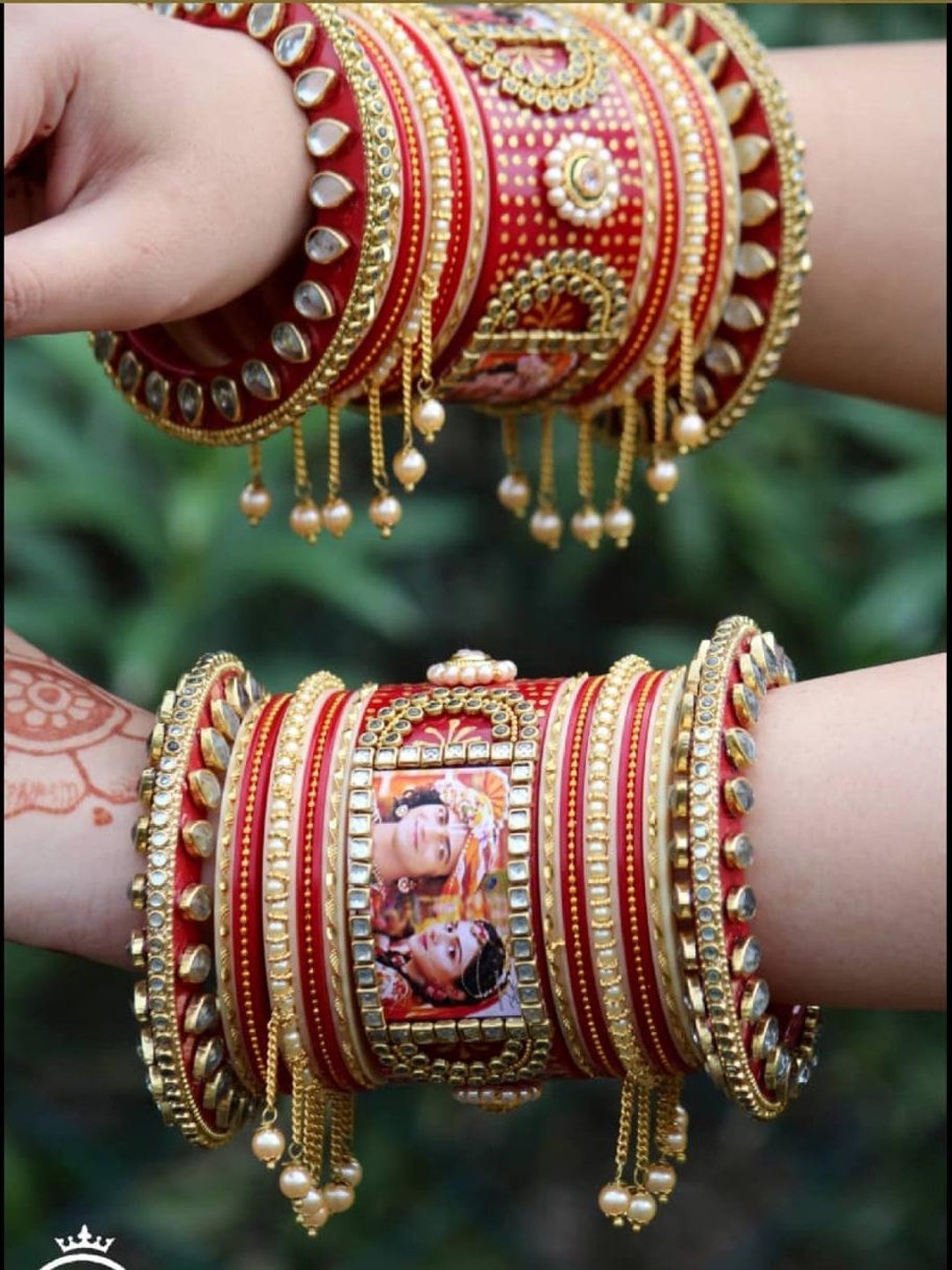 Indian Bridal Red Photo Chura Set, Designer Hanging Pearls Bangles ...