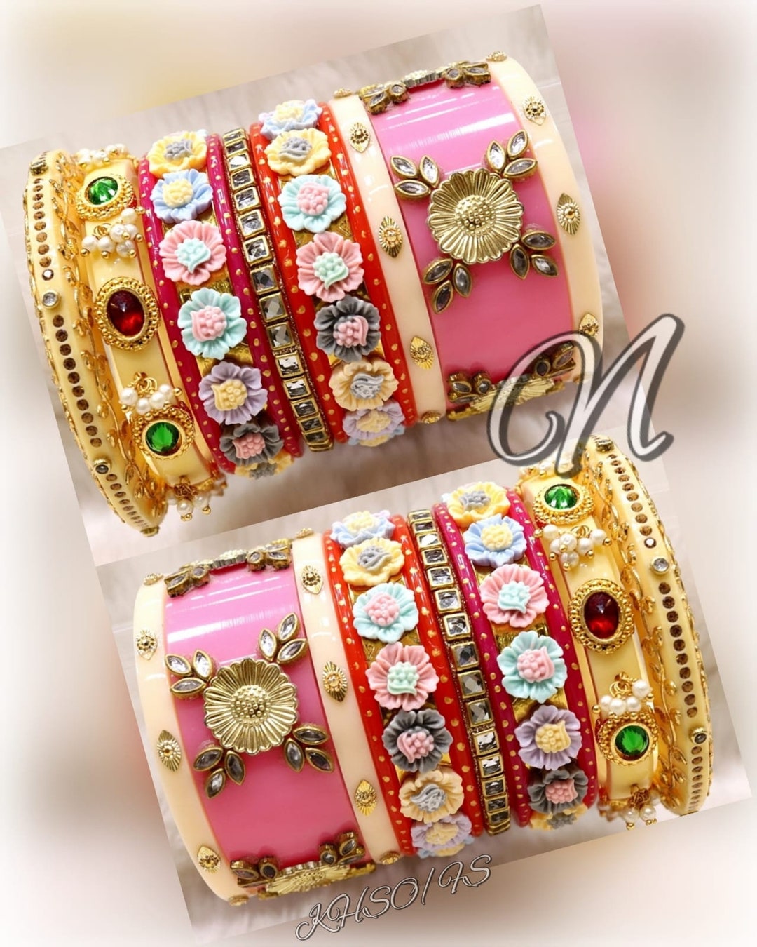 Designer Multi Color 3D Floral Work Wedding Chura Set, Rajwadi Kundan ...